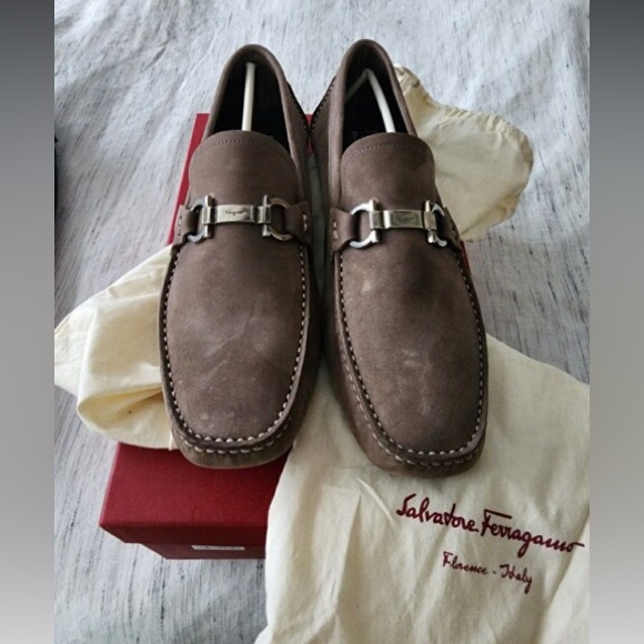 Salvatore Ferragamo | Shoes | Nubok Loafers Featuring Metal Double Gancio Penny Bar | Poshmark